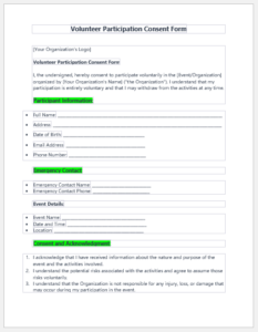 Volunteer Participation Consent Form Template | Download