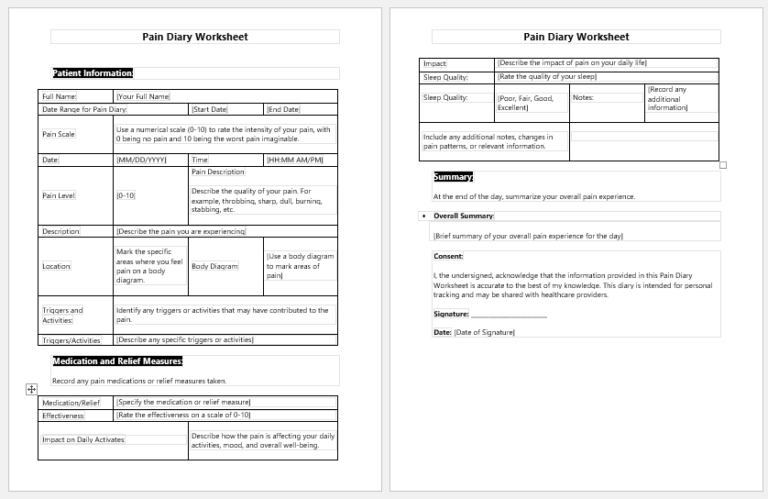 Pain Diary Worksheet Template for Word | Download Sample